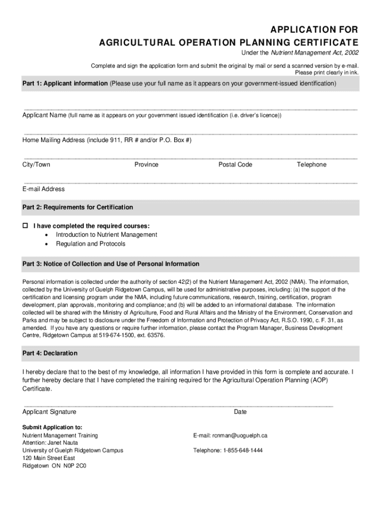 Fillable Online Agricultural Operation Planning (AOP) Certificate Fax ...