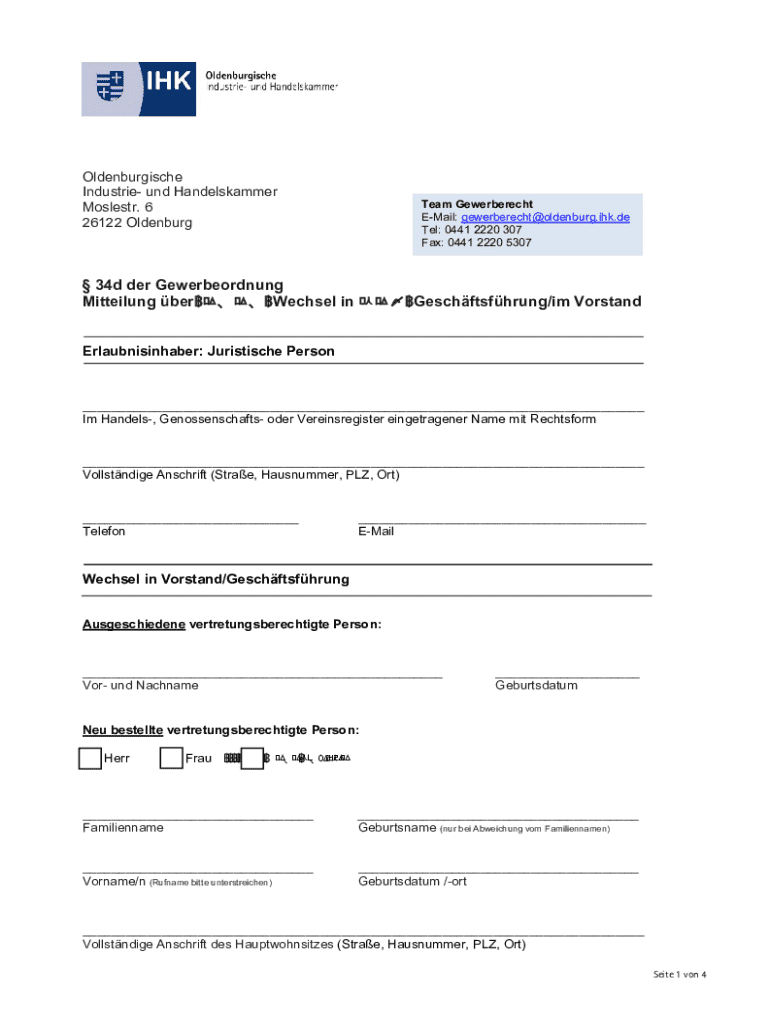Ausfüllbares Online Mitteilung ber einen Wechsel in der Geschftsfhrung bzw. im Vorstand ( 34d ...