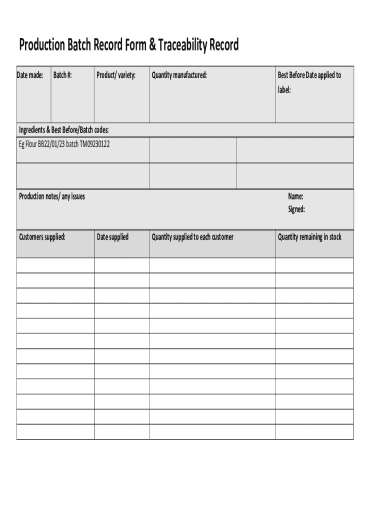 Fillable Online Production Batch Record Form & Traceability Record Fax ...