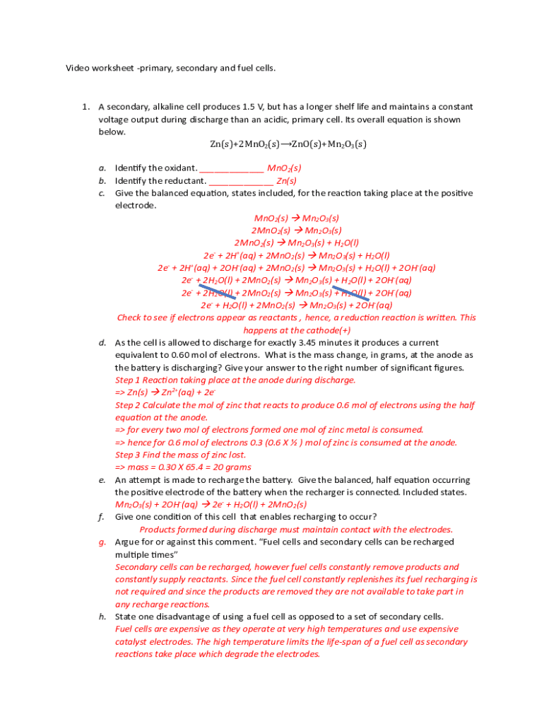 Fillable Online Video worksheet -primary, secondary and fuel cells. Fax ...