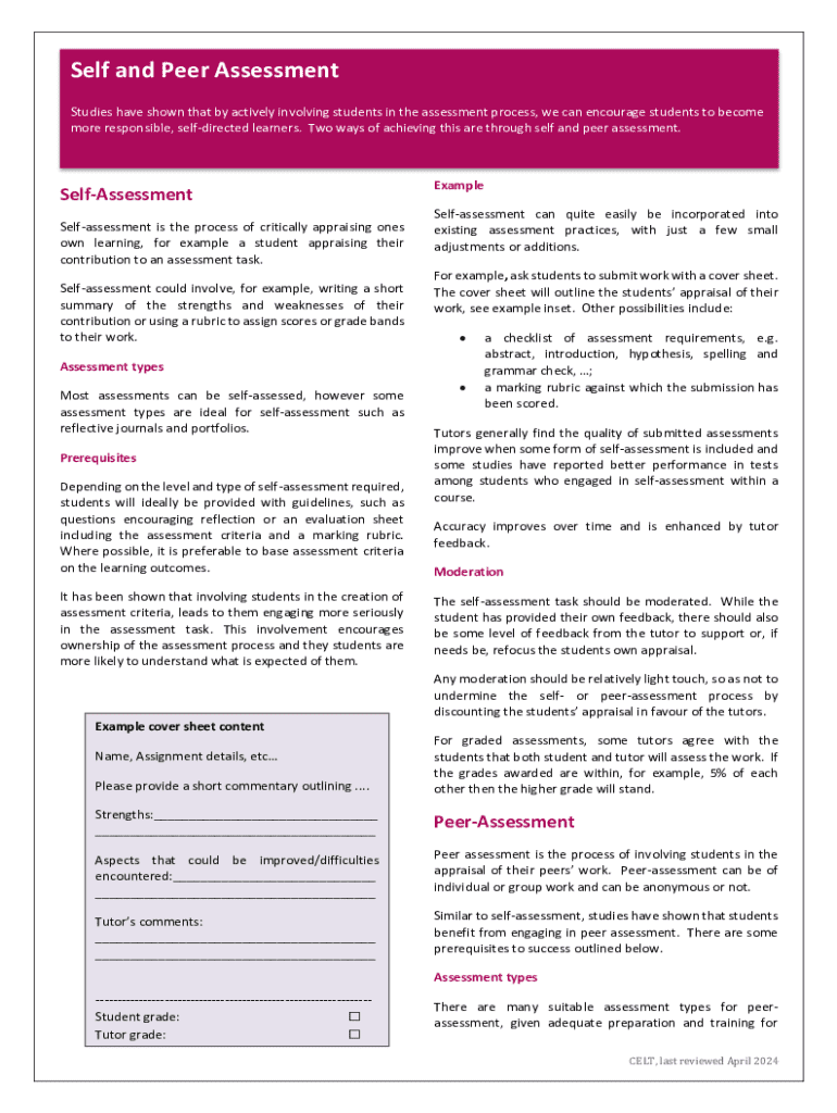 Fillable Online Formative self-and peer assessment for improved student ...