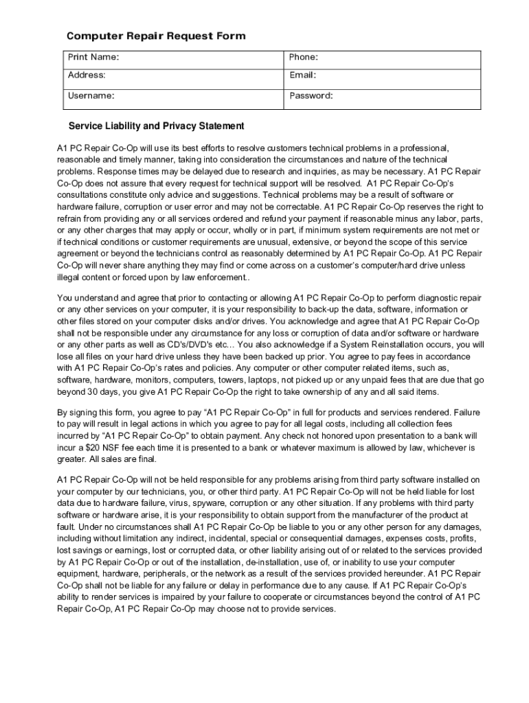 Fillable Online Computer Repair Request Form Template Fax Email Print ...