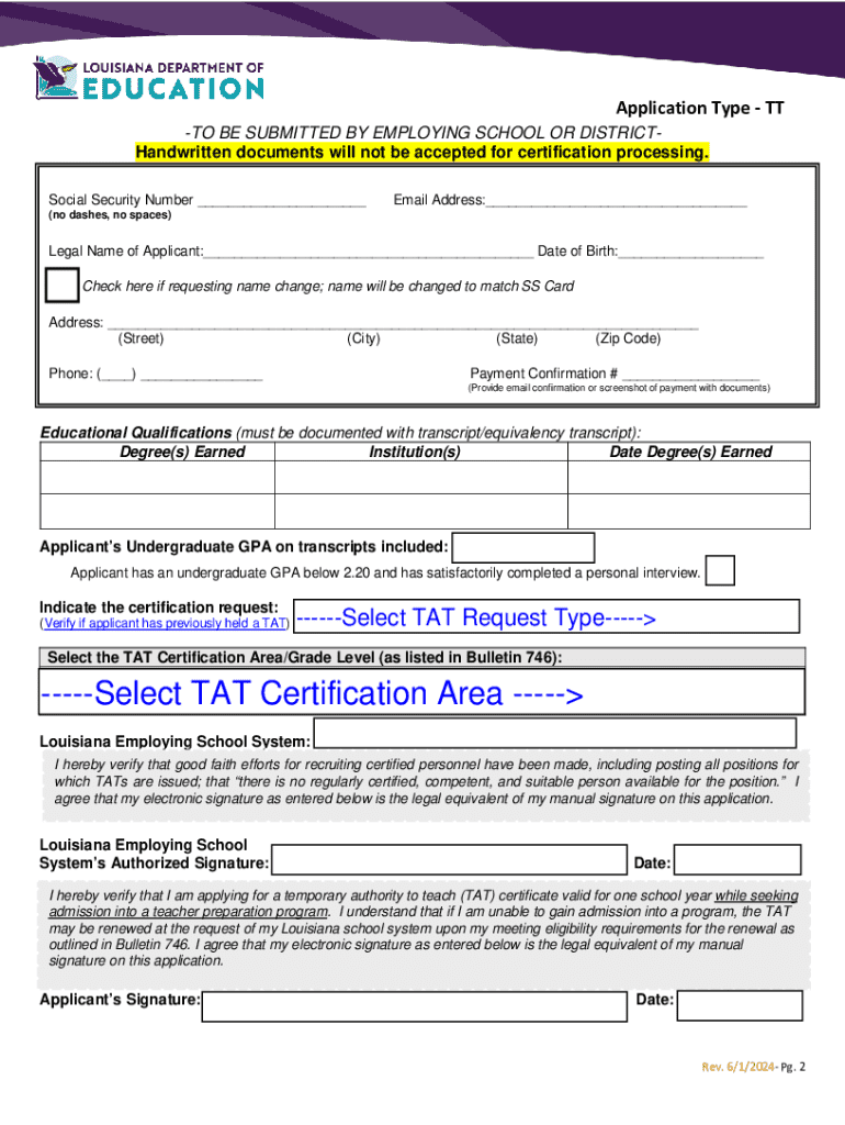 Fillable Online Louisiana Temporary Authority to Teach (TAT) Application ... Fax Email Print ...