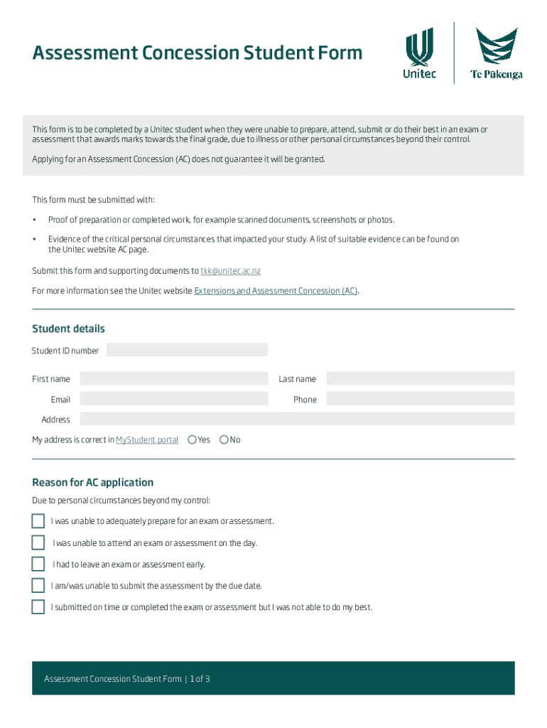 Fillable Online Unitec Assessment Concession Student Form. AC student ...