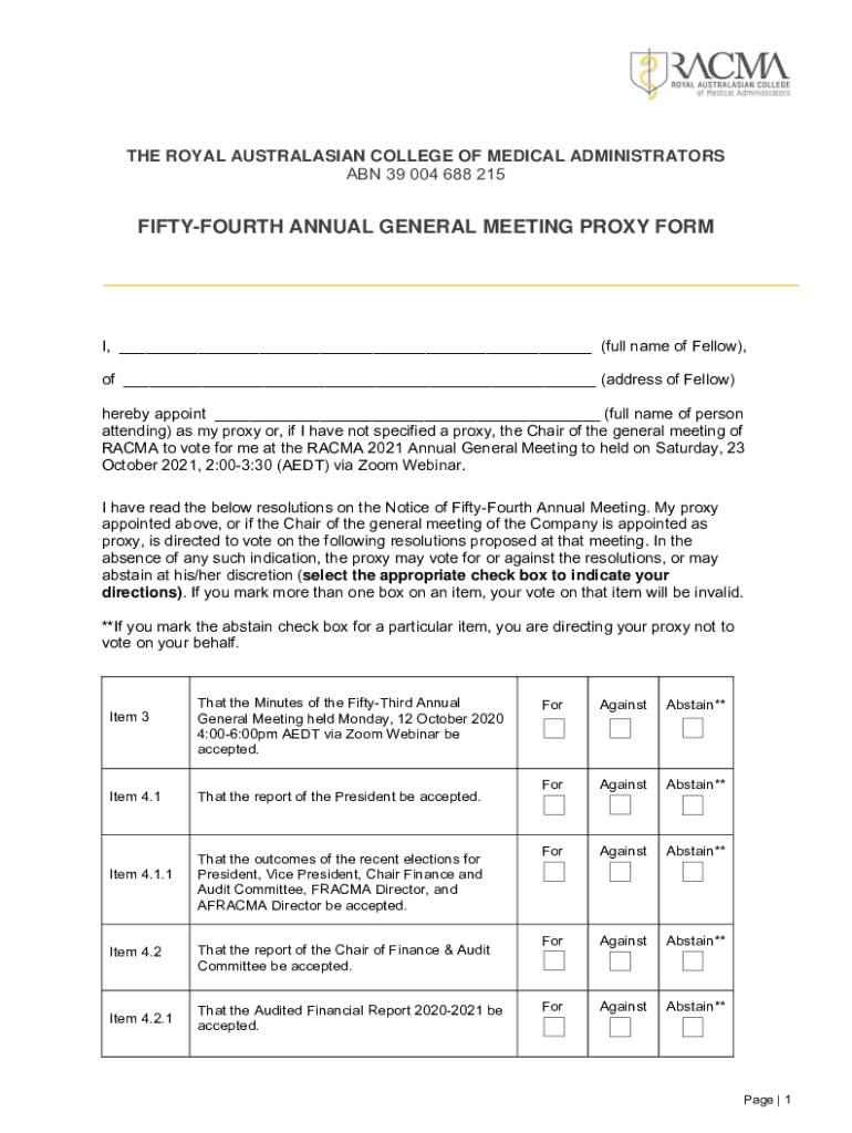 Fillable Online Royal Australasian College of Medical Administrators 2021 Agm Proxy Form Fax ...