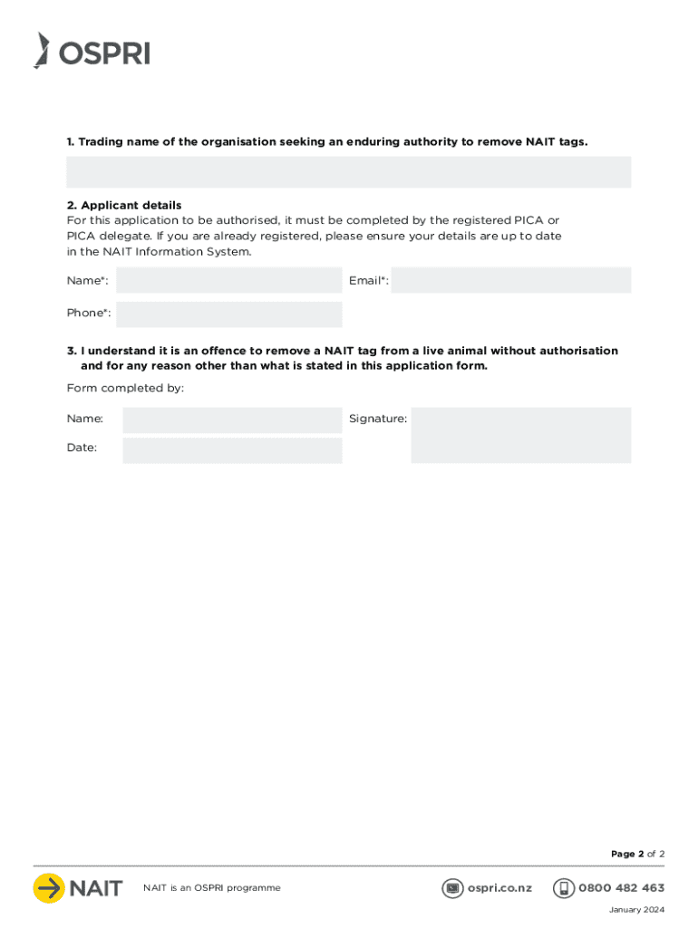 Fillable Online Enduring authority to remove NAIT tags. This form is to ...
