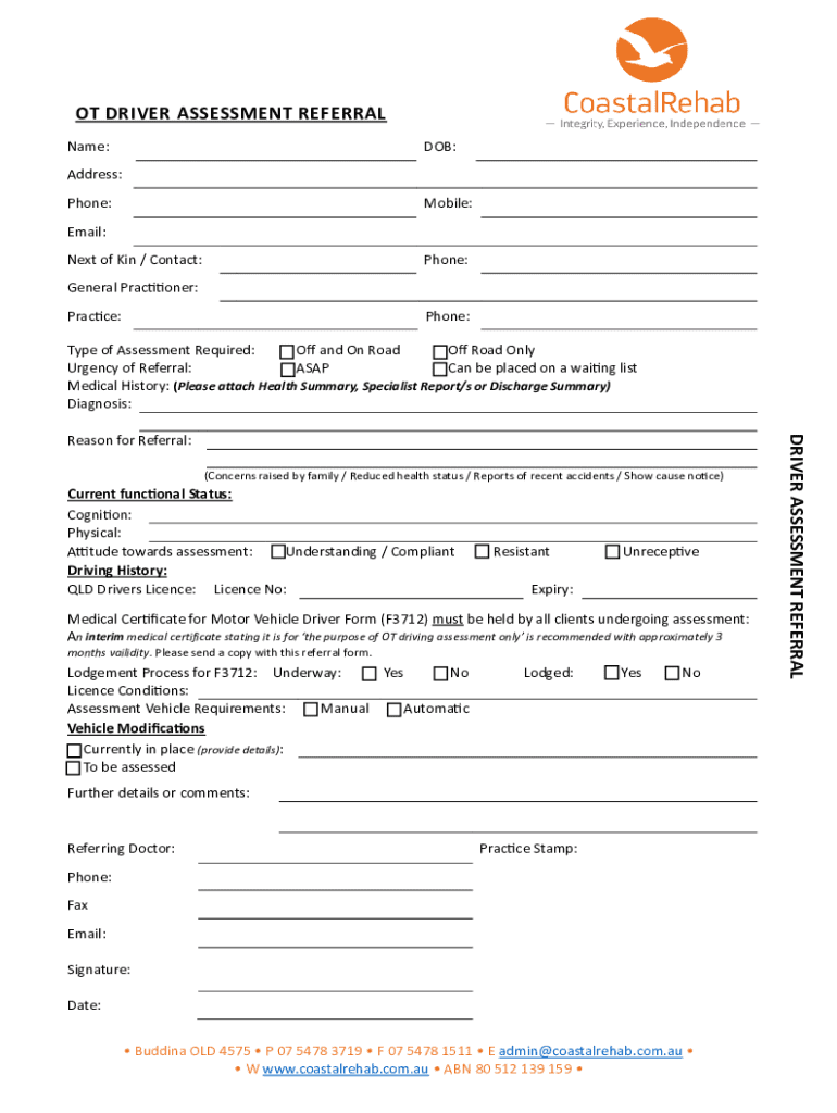 Fillable Online FORM - Coastal Rehab Driving Assessment Referral Fax ...