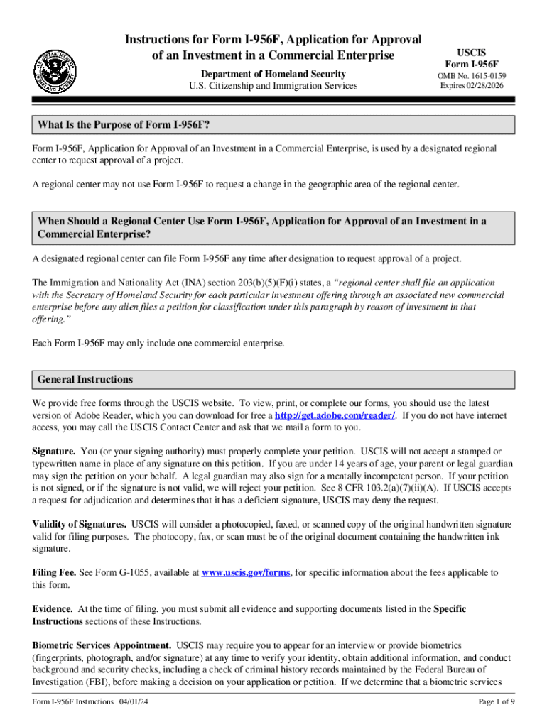 Fillable Online Form I-956F, Instructions for Application for Approval of an Investment in a ...