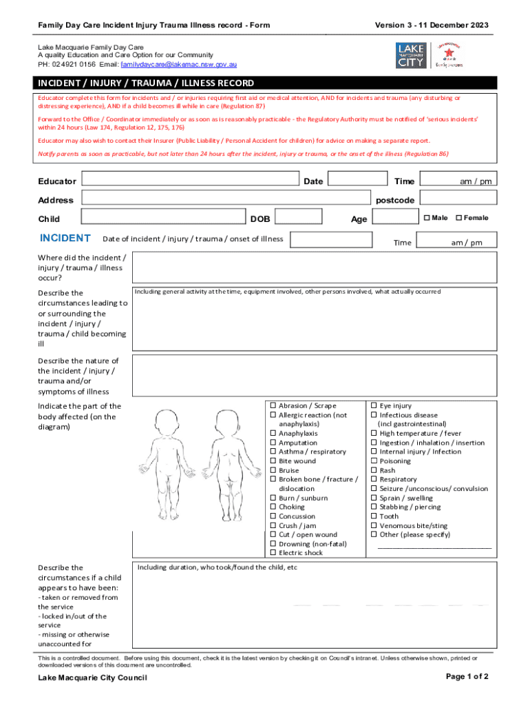 Fillable Online Family Day Care Incident Injury Trauma Illness Record - Form Version 3 - 11 ...