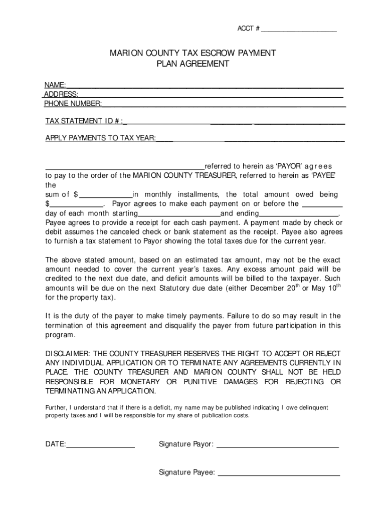 Fillable Online MARION COUNTY TAX ESCROW PAYMENT PLAN AGREEMENT Fax ...