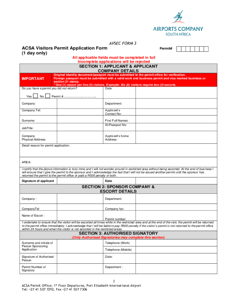 Fillable Online ACSA Visitors Permit Application Form Fax Email Print ...