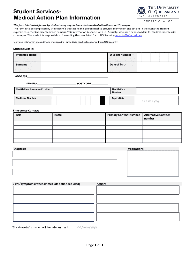 Fillable Online Student Services- Medical Action Plan Information Fax ...