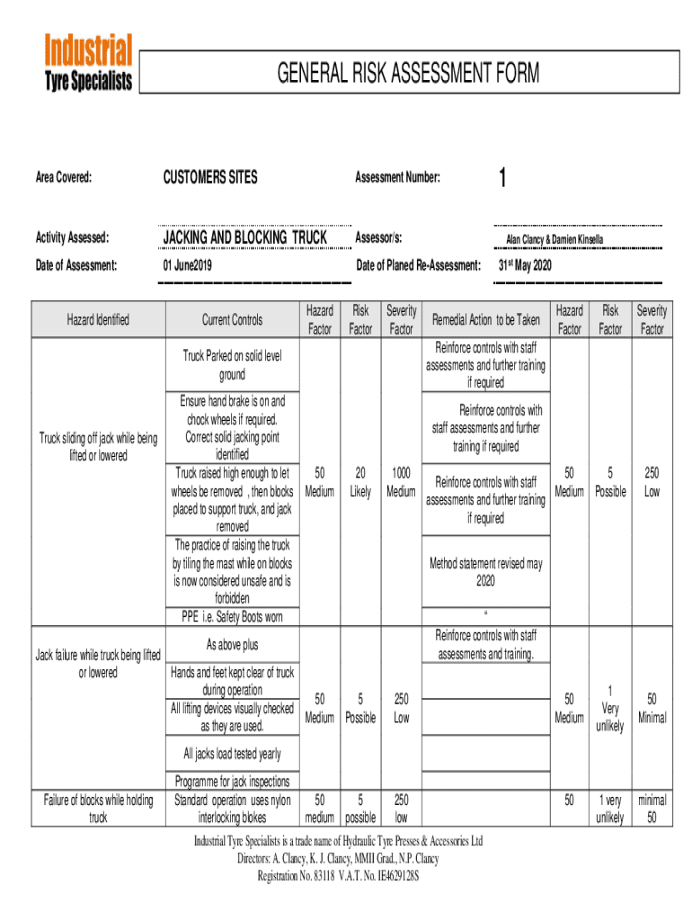Fillable Online GENERAL RISK ASSESSMENT FORM 1 - Industrial Tyre ...