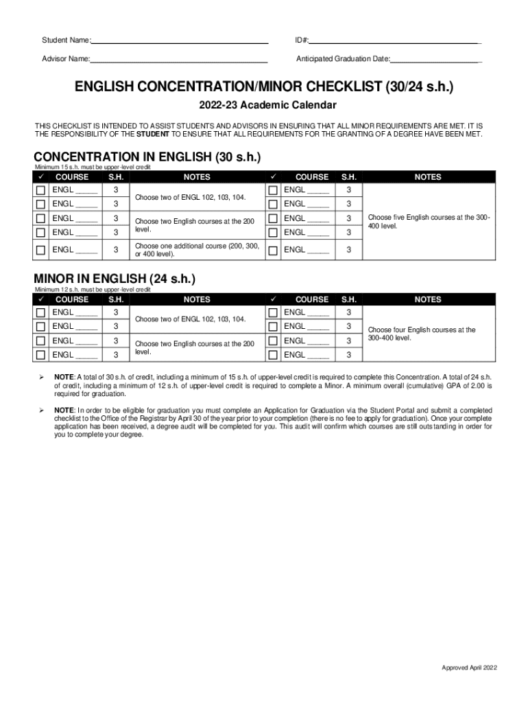 Fillable Online ENGLISH CONCENTRATION/MINOR CHECKLIST (30/24 ... Fax ...
