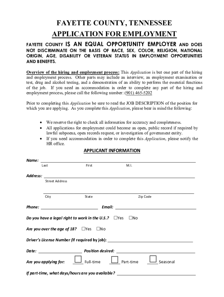 Fillable Online Fayette County, Tn Employment Application - Apply for ...