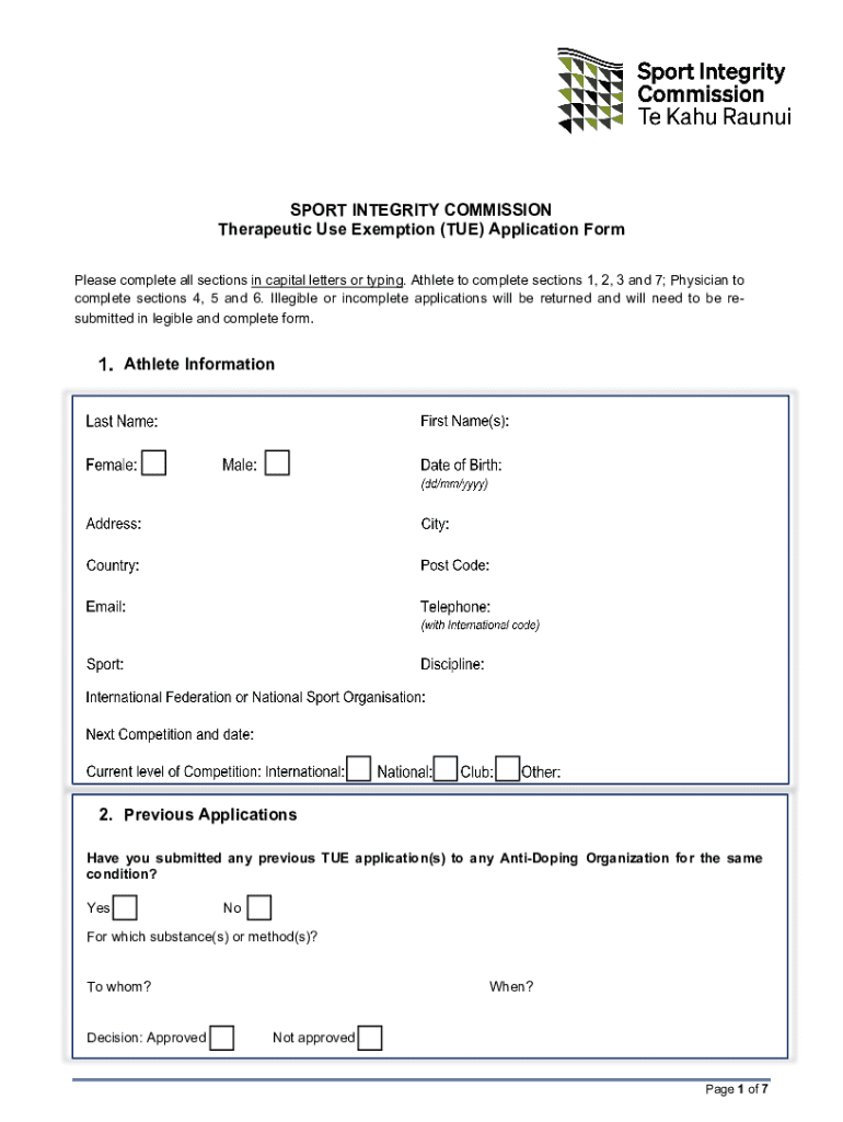 Fillable Online Therapeutic Use Exemptions - Sport Integrity Commission ...