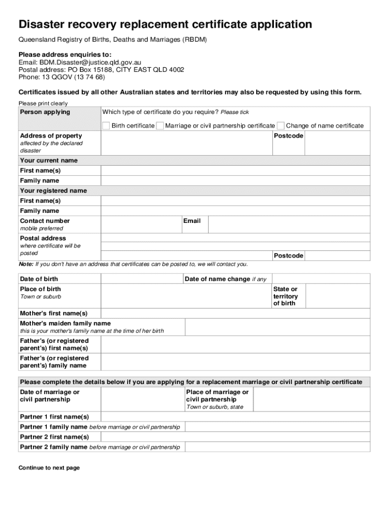 Fillable Online Disaster recovery replacement certificate application Fax Email Print - pdfFiller