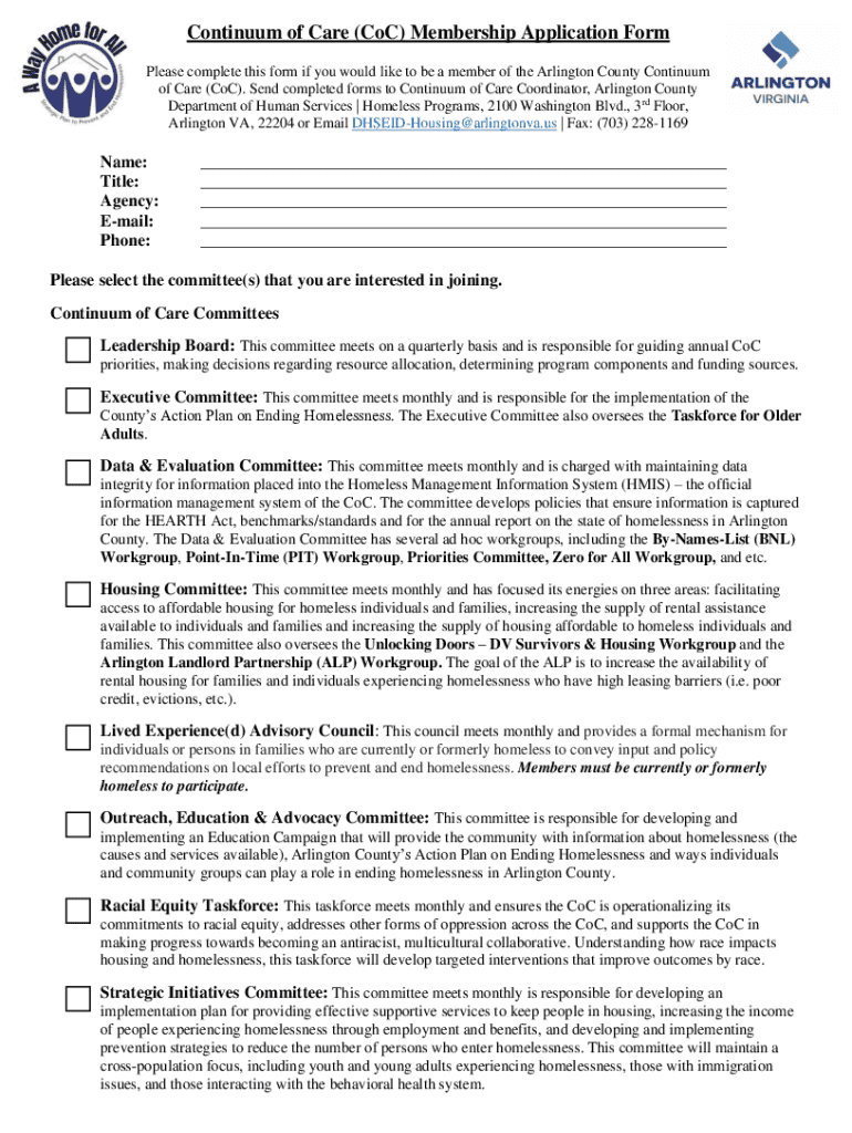 Fillable Online Continuum of Care (CoC) Membership Application Form Fax ...