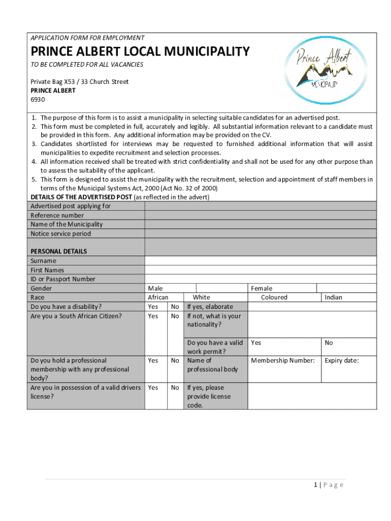 Fillable Online Prince Albert Local Municipality - Contact Details Fax ...