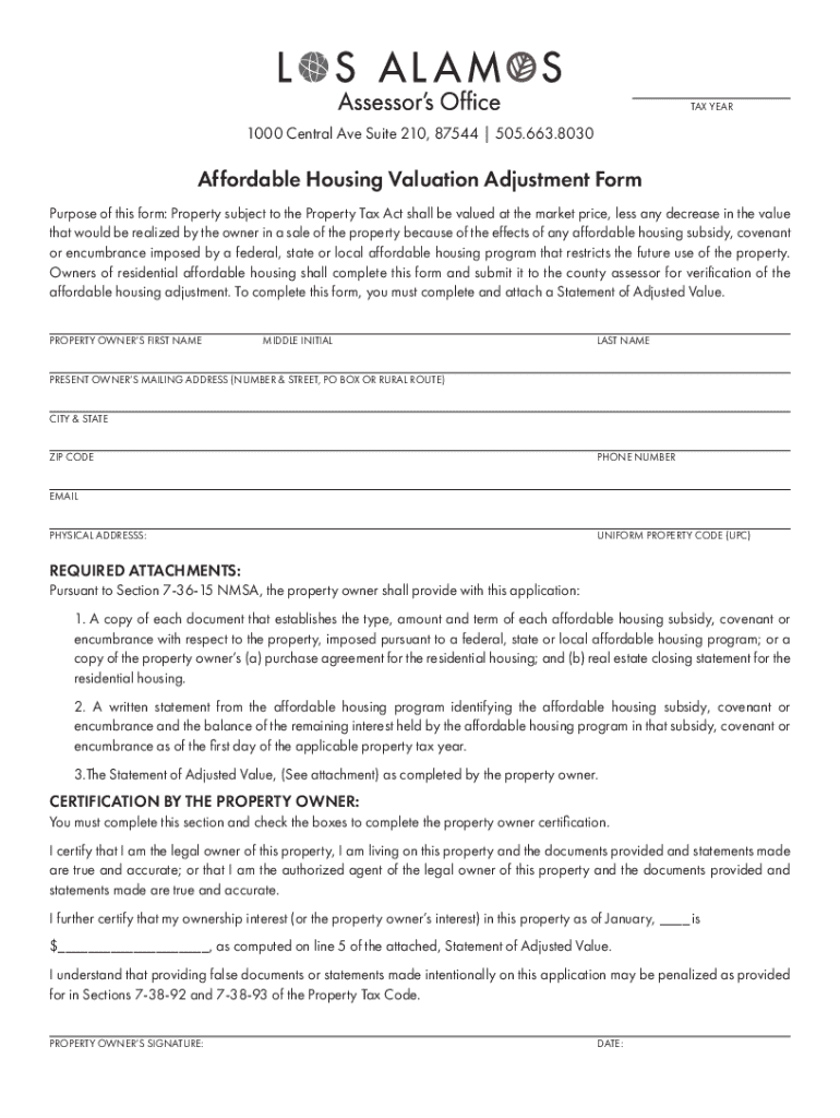 Fillable Online Affordable Housing Valuation Adjustment Form Required ...