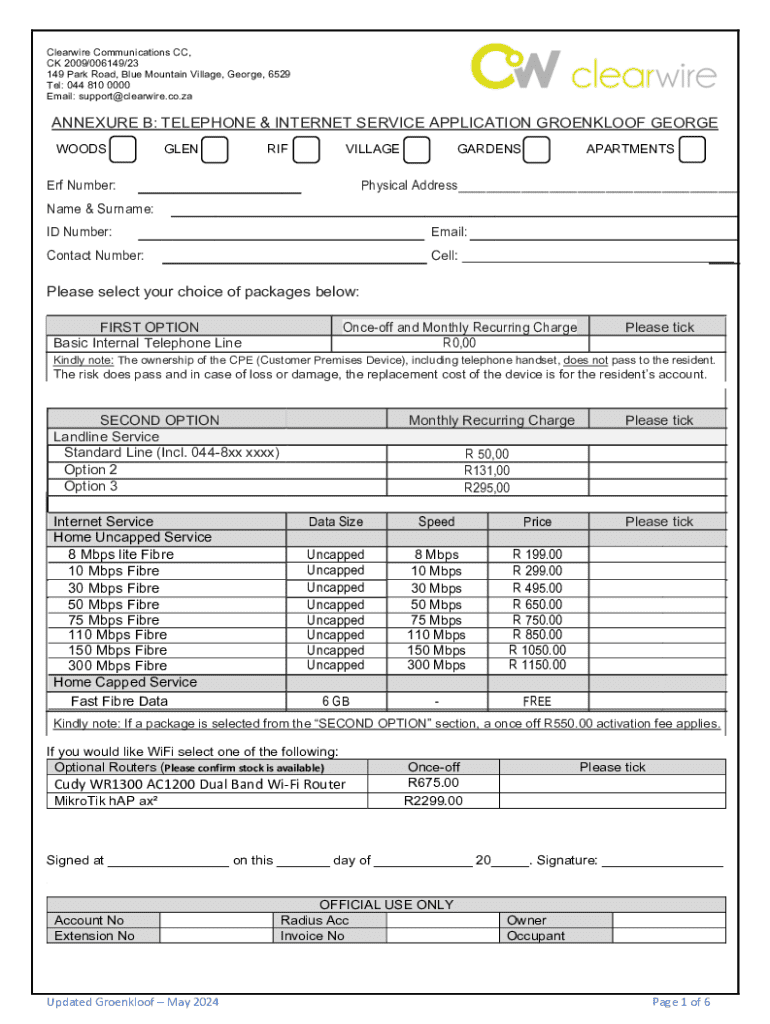 Fillable Online annexure b: telephone & internet service application ...