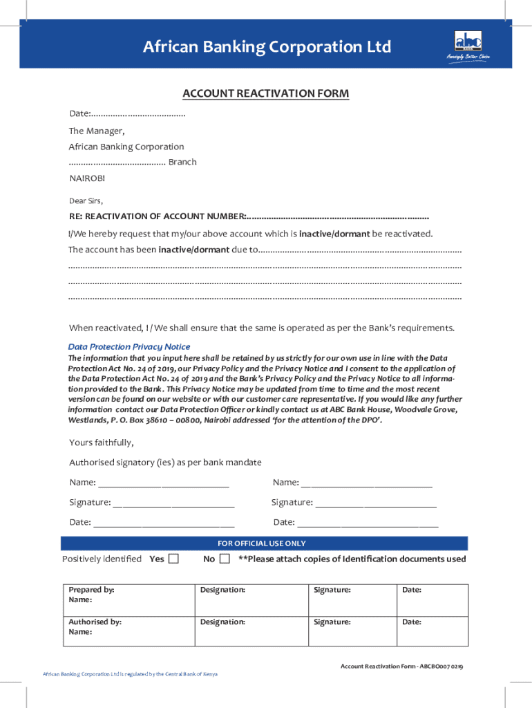 Fillable Online Account reactivation form - Nairobi Fax Email Print ...