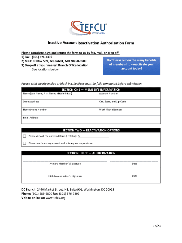 Fillable Online Account Reactivation Authorization and Agreement Form ...