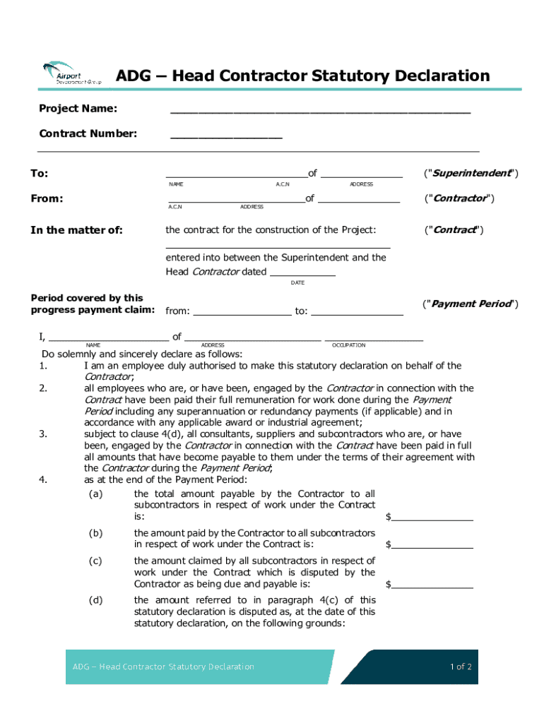 Fillable Online ADGHead Contractor Statutory Declaration Fax Email ...