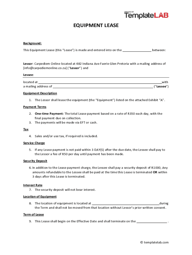 Fillable Online THIS EQUIPMENT LEASE AGREEMENT ... Fax Email Print ...
