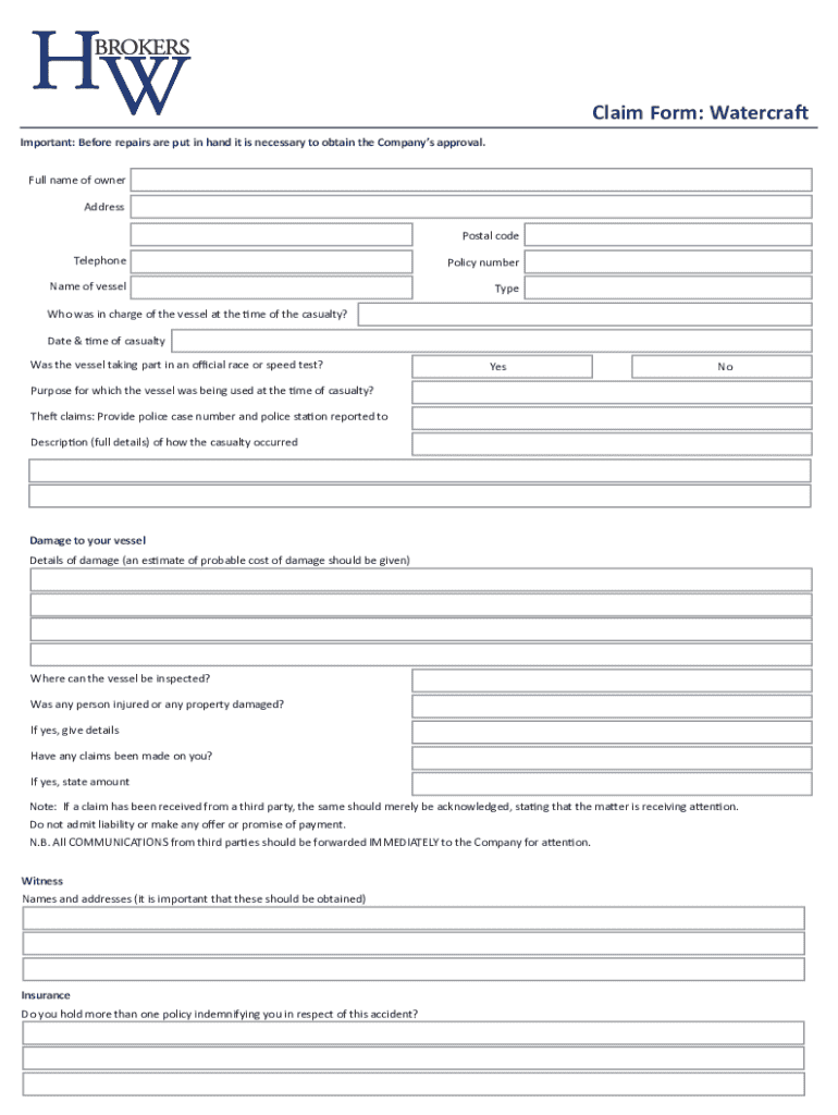 Fillable Online HWB Watercraft Claim Form Fax Email Print - pdfFiller