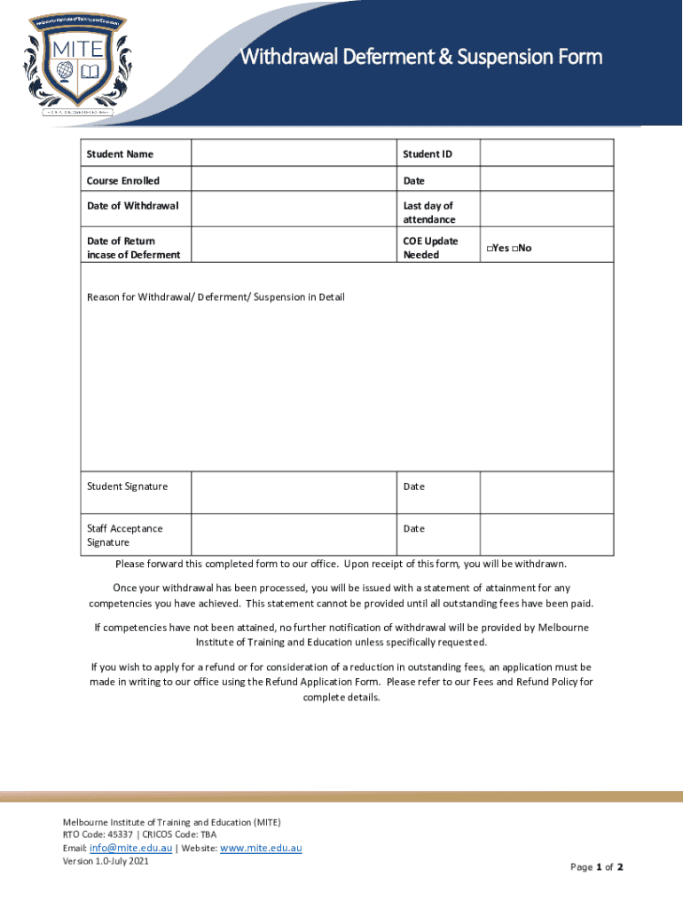 Fillable Online Withdrawal Deferment & Suspension Form - Melbourne ...