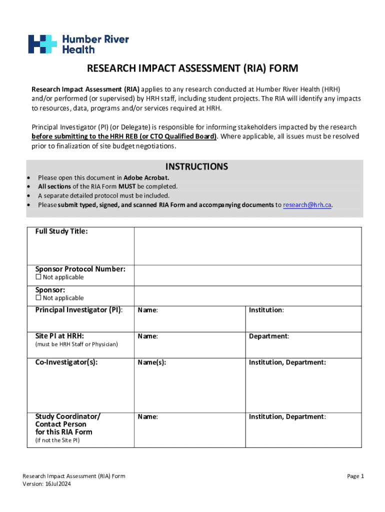 Fillable Online RESEARCH IMPACT ASSESSMENT (RIA) FORM Fax Email Print ...