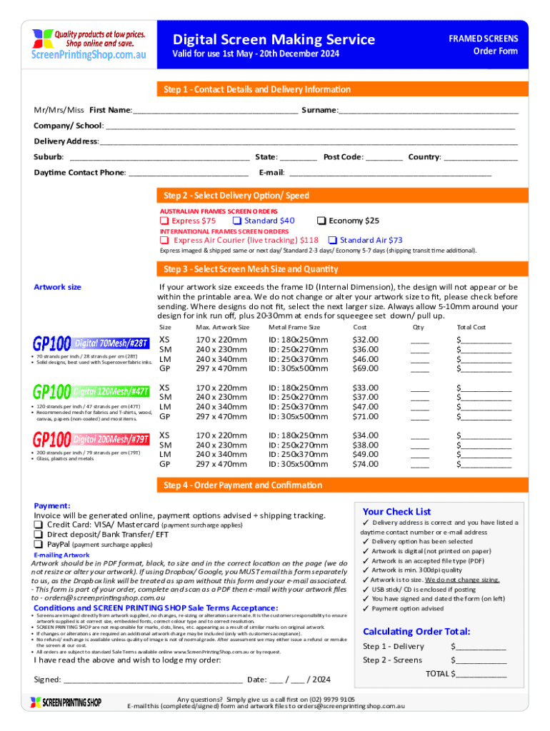 Fillable Online Easy Screen Order Form - Expires 20th December 2024 ...