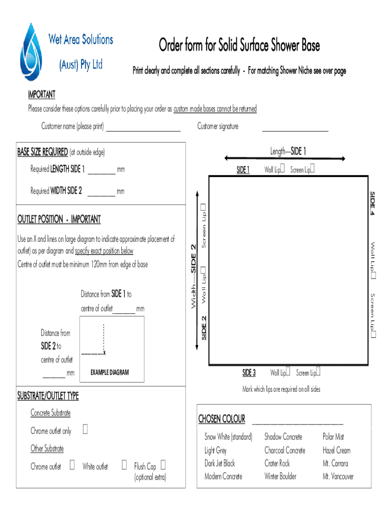 Fillable Online Order form for Solid Surface Shower Base Fax Email ...