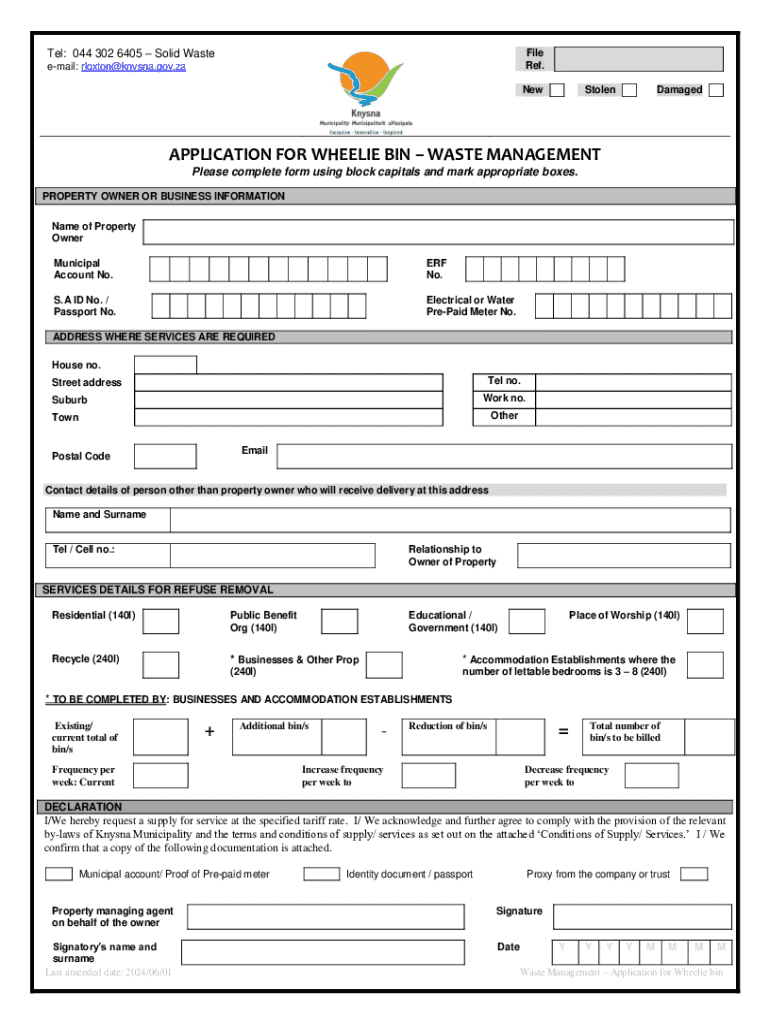 Fillable Online WHEELIE BIN APPLICATION FORM Billing information Fax ...