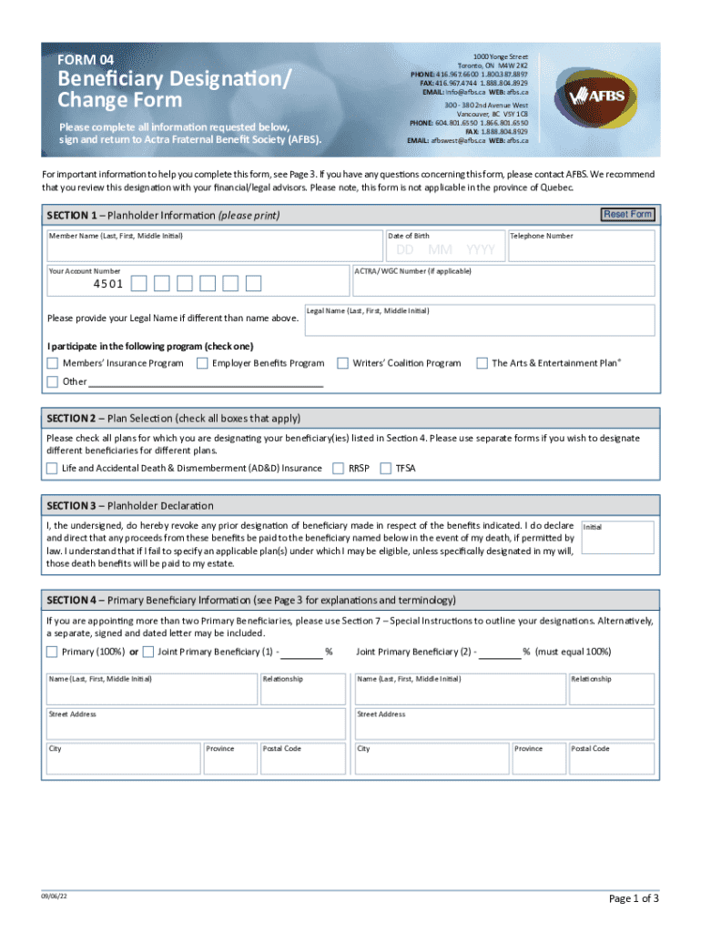 Fillable Online Form 04 - Beneficiary Designation/Change Form Fax Email ...