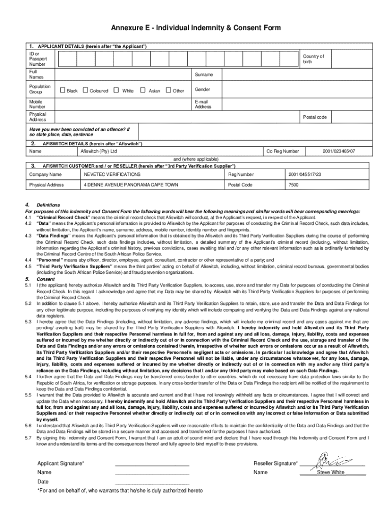 Fillable Online Annexure E - Individual Indemnity & Consent Form Fax ...