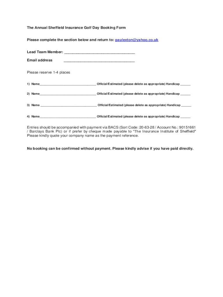 Fillable Online The Annual Sheffield Insurance Golf Day Booking Form ...