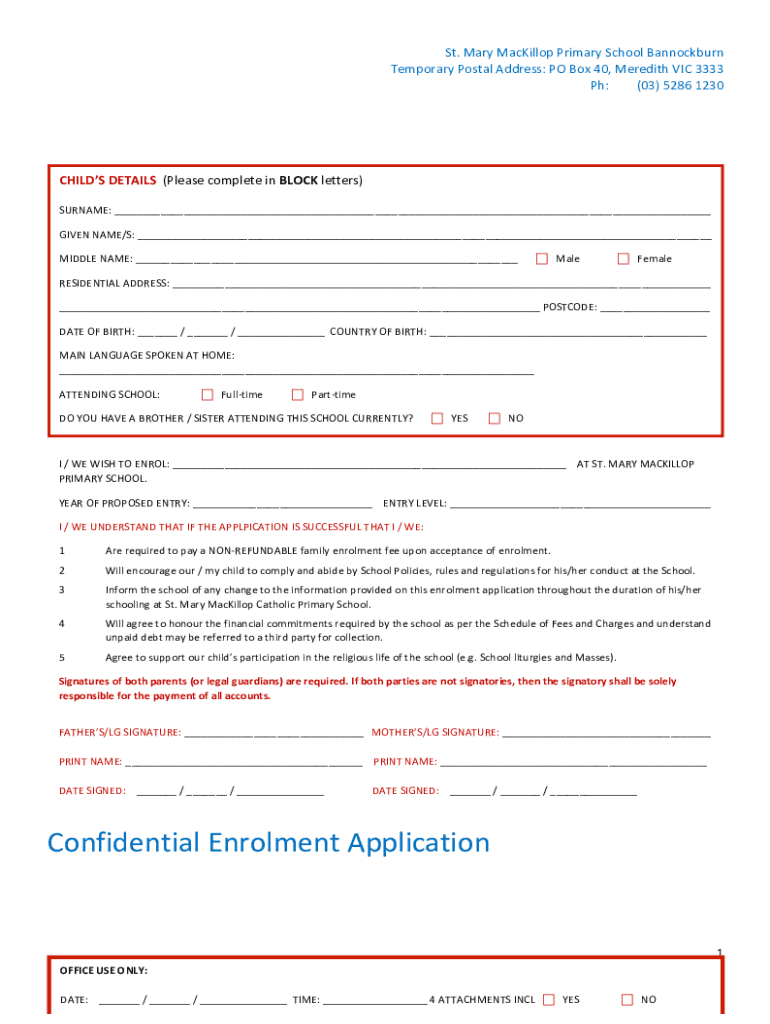 Fillable Online St Mary MacKillop Catholic Primary SchoolBannockburn ...