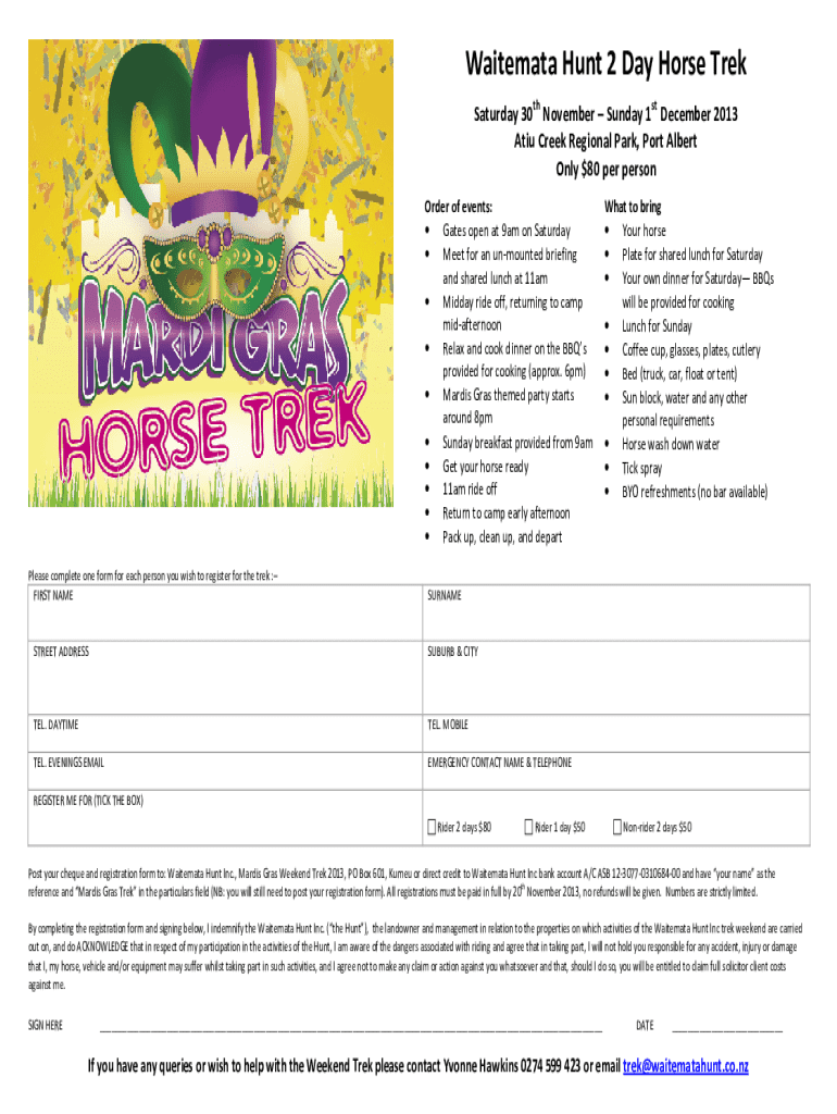Fillable Online Waitemata Hunt Atiu Creek Mardi Gras Trek Registration ...