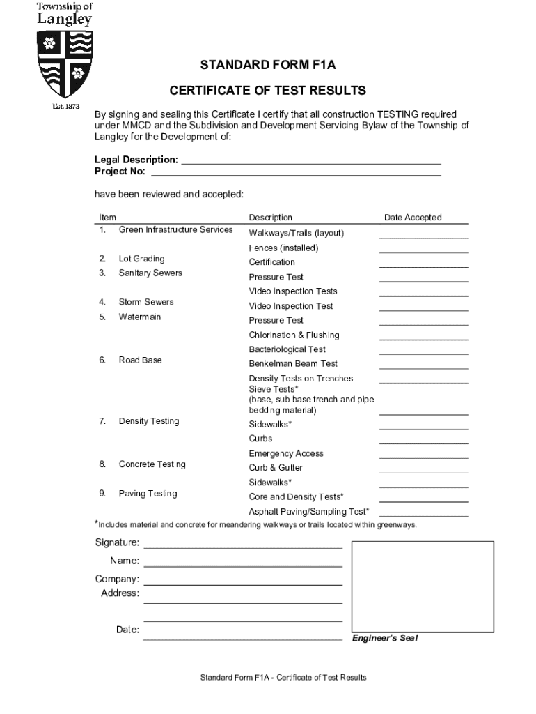 Fillable Online Standard Form F1A - Certificate of Test Results Fax ...