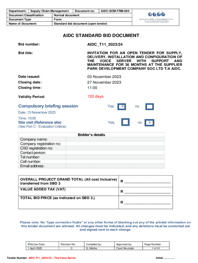 Fillable Online AIDC STANDARD BID DOCUMENT ... Fax Email Print - pdfFiller