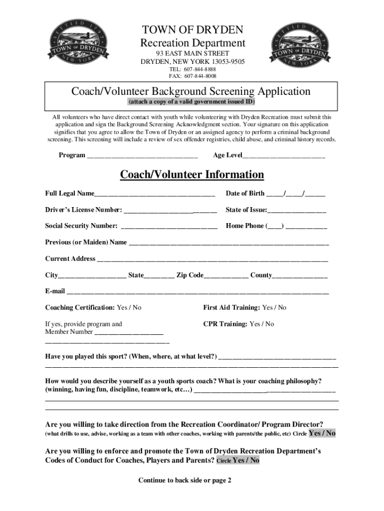 Fillable Online Coach/Volunteer Background Screening Application Fax Email Print - pdfFiller