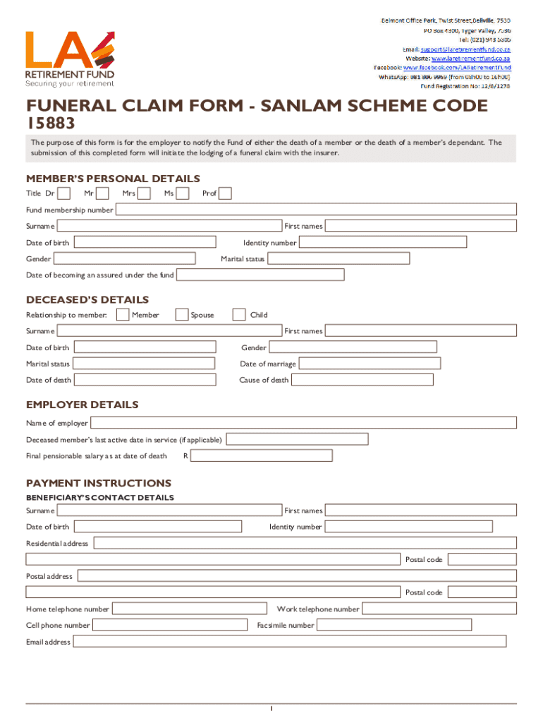 Fillable Online FUNERAL CLAIM FORM - SANLAM SCHEME CODE Fax Email Print ...