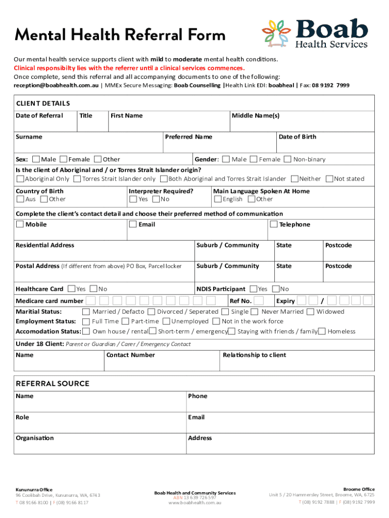 Fillable Online BHS Mental Health Referral Form. Boab Health Mental ...