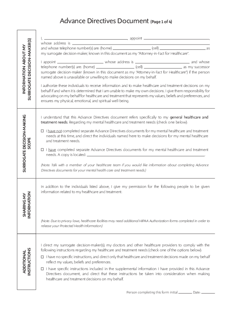 Fillable Online Advance Directives Form. Information about the patient\'s advance directives ...