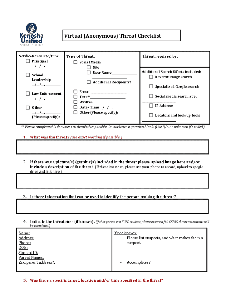Fillable Online Virtual/Anonymous Threat Assessment Checklist Fax Email ...