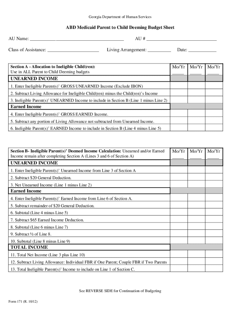 Fillable Online ABD Medicaid Parent to Child Deeming Budget Sheet AU ...