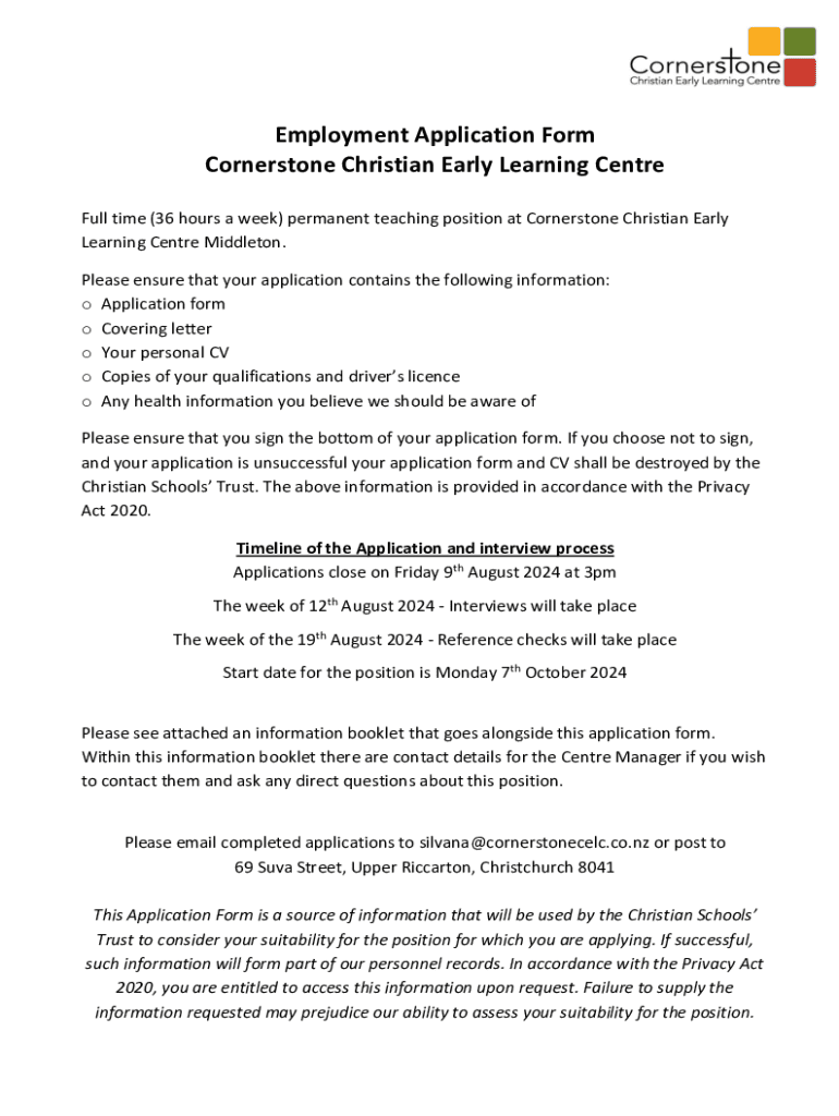 Fillable Online Employment Application Form Cornerstone Christian Early ...