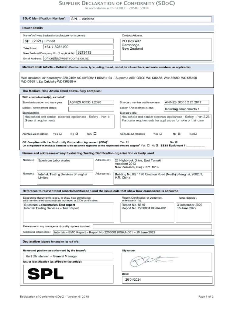 Fillable Online supplier declaration of conformity (sdoc) - Auckland ...